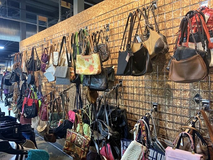 Handbag heaven—where designer dreams and practical carryalls hang side by side, waiting for someone to give them purpose again.