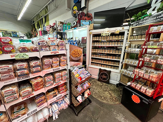 Farmhouse bread and packaged treats line these shelves like a country store time capsule. Comfort food never goes out of style.