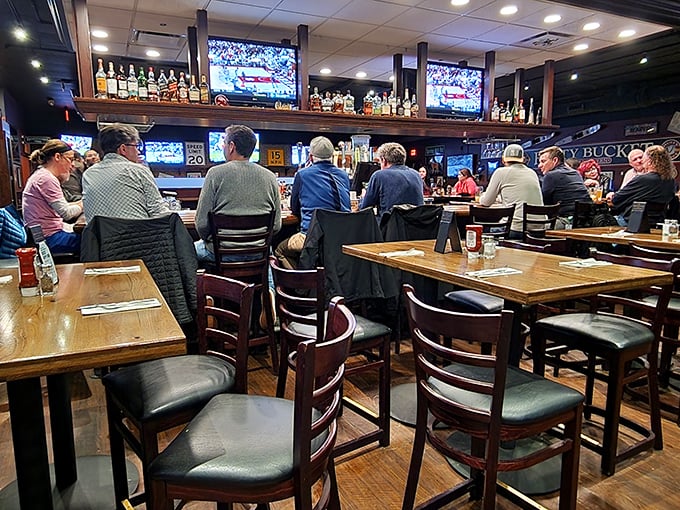 Sports on TV, spirits on shelves, and that perfect buzz of conversation. The ideal bar setup for both serious sports watchers and casual happy hour enthusiasts.