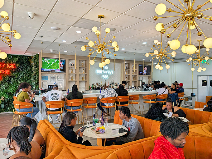 The bar area where morning mimosas meet their match in stylish surroundings. Breakfast with a side of sophistication.