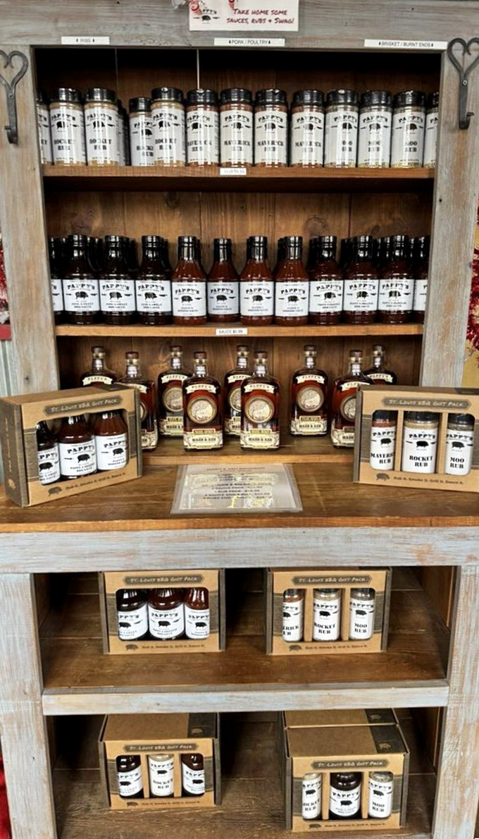 The sauce cabinet at Pappy's is like a library of liquid gold. These bottles let you bring home the magic, though the smoke remains their secret.