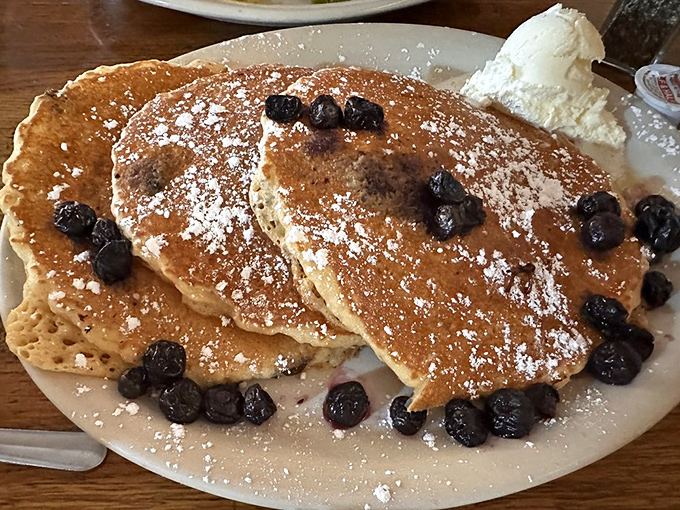 Blueberry pancakes dusted with powdered sugar and surrounded by their fruity companions. Nature's candy meets breakfast's canvas.