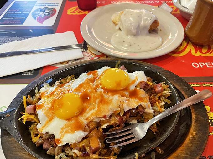 A breakfast skillet that's essentially a morning party in cast iron&mdash;eggs, hash browns, and breakfast meats mingling under a blanket of melted cheese.