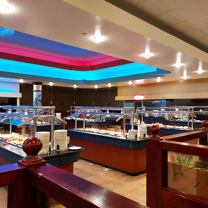 Blue and red lighting transforms this buffet area into a space-age food emporium. Captain Kirk would approve of this culinary exploration.