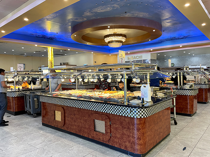 Buffet islands stretch into the distance like a food archipelago, where each station becomes its own culinary nation waiting to be explored.