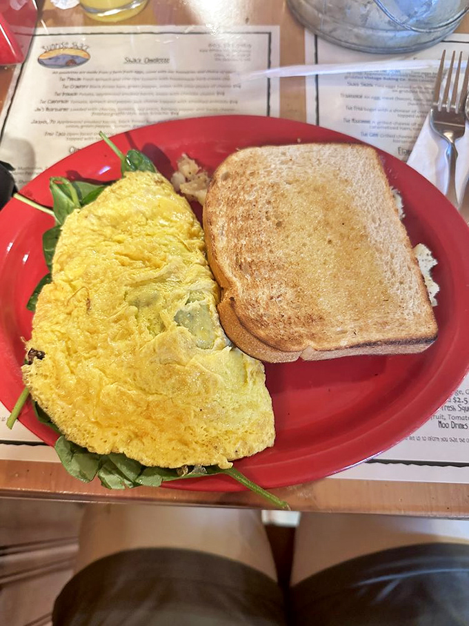 This omelette lounging on its red plate has achieved that perfect golden hue that says, "Good morning, gorgeous. Let's make today count."