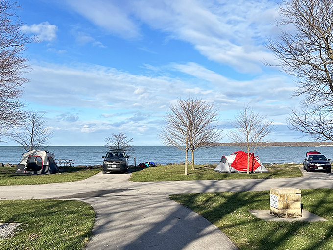 Lakefront camping that makes tent setup worthwhile. Wake up to water views that hotel guests would pay triple digits for.
