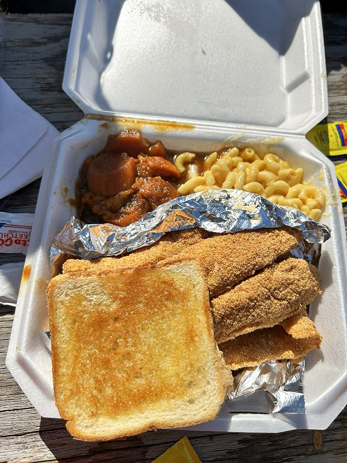 The perfect trifecta: golden catfish, buttery toast, and mac and cheese that could make a chef weep. Soul food paradise on a styrofoam canvas.