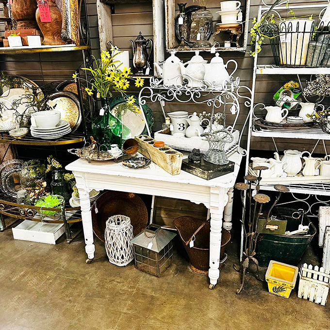 A farmhouse fantasy in whites and creams. This vignette could transform your dining room into a shabby-chic dream straight from Pinterest.