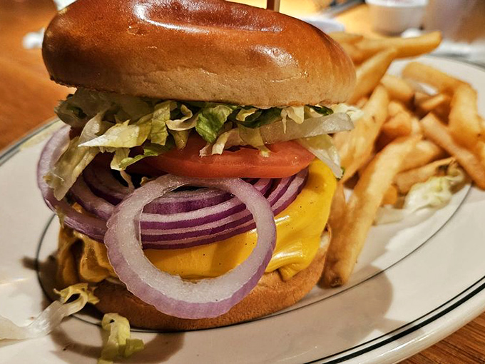 Behold: the burger that doesn't live in the shadow of its prime rib sibling. Those perfectly caramelized onions and melted cheese deserve their own fan club.