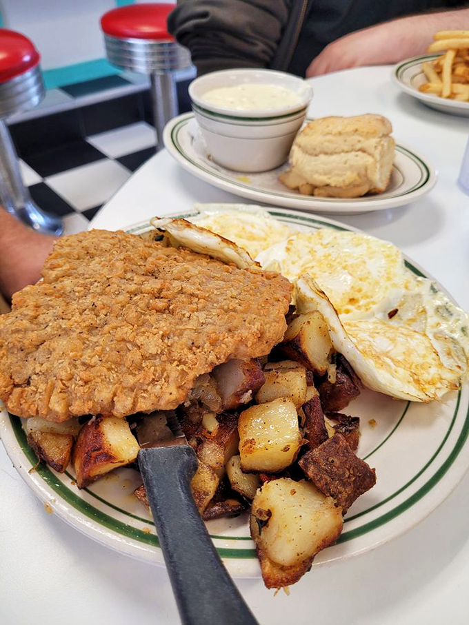 Country-fried steak: Where a perfectly good piece of beef dresses up in its Sunday best and gets smothered in gravy. No complaints here!