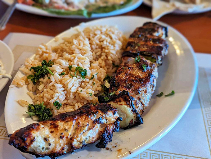 Chicken souvlaki that's spent quality time with fire and spices. The charred edges tell stories of patience and perfect timing.