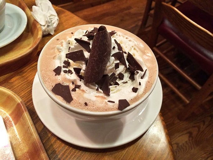 Hot chocolate that's crossed the line from beverage to dessert, topped with enough whipped cream to make your cardiologist wince approvingly.