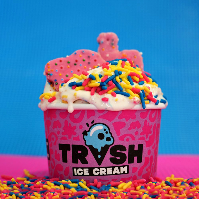 Pink cup, colorful sprinkles, and what appears to be a frosted animal cookie&mdash;childhood nostalgia served at a temperature that won't burn the roof of your mouth.