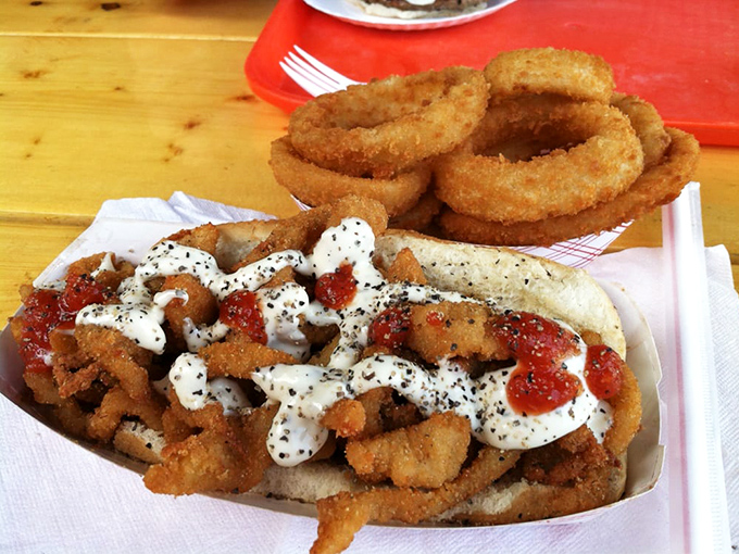 Crispy clam strips with sauce for days. Like Neptune himself prepared a feast for landlubbers who appreciate the treasures of the sea.