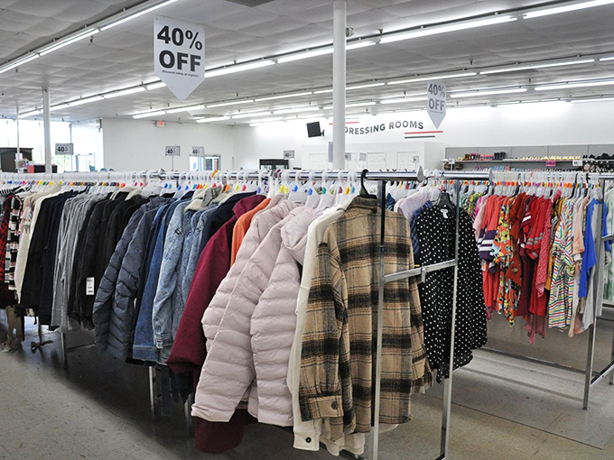 The clothing department beckons with winter coats and plaid treasures—like a fashionable forest waiting for you to explore.