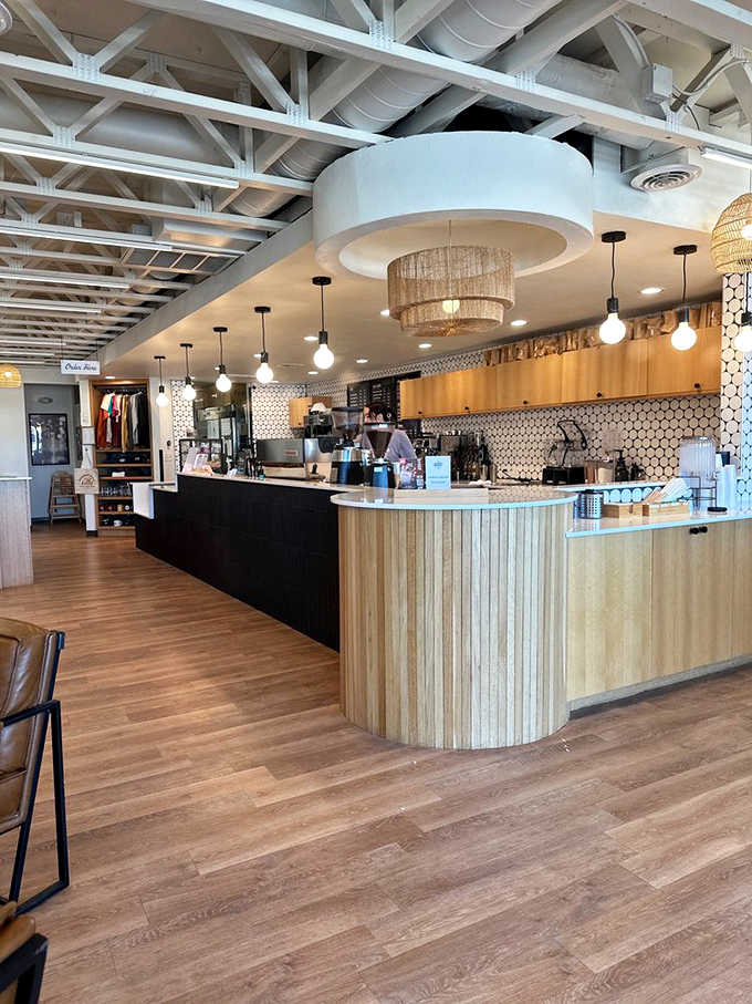 A counter that invites lingering, where the only thing more polished than the wood is the pie-making technique happening behind it.