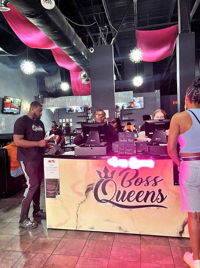 The counter where soul food dreams come true. That pink glow isn't just lighting&mdash;it's the aura of good things about to happen to your taste buds.