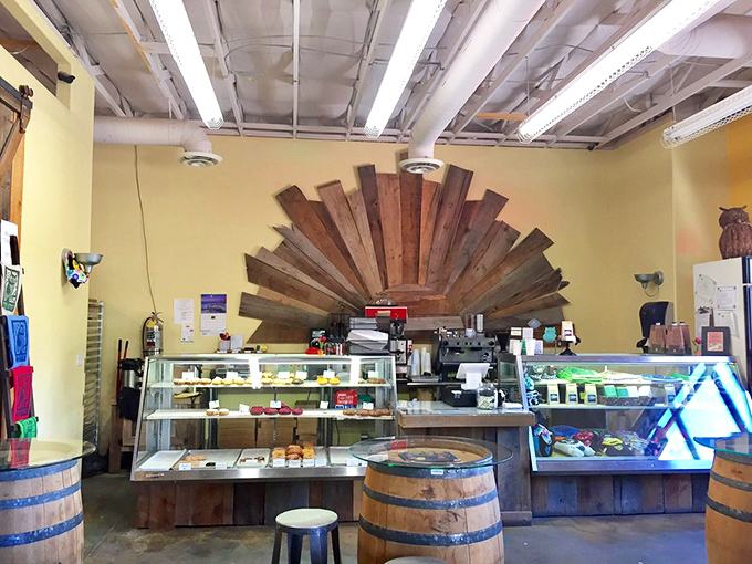 The sunburst wooden wall feature behind the counter seems to say, "Yes, these donuts are indeed the center of the culinary universe."