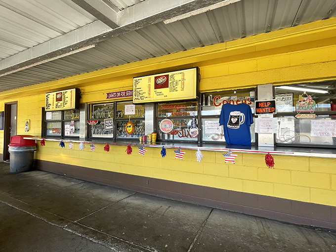 The order window &ndash; that magical portal where dreams are whispered and burgers appear. Notice the patriotic bunting, because freedom is delicious.