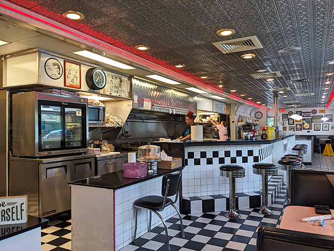 The heart of any great diner is its counter&mdash;this one's checkerboard facade and gleaming surface promise good things are coming from the kitchen beyond.