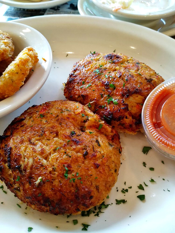Crab cakes with actual crab—revolutionary concept!—golden-crusted on the outside, delicately seasoned and tender within.