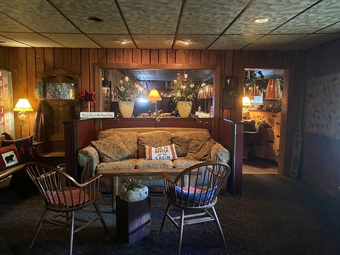The cozy waiting area feels like your favorite aunt's cabin&mdash;if your aunt had impeccable taste in seafood and rustic decor.