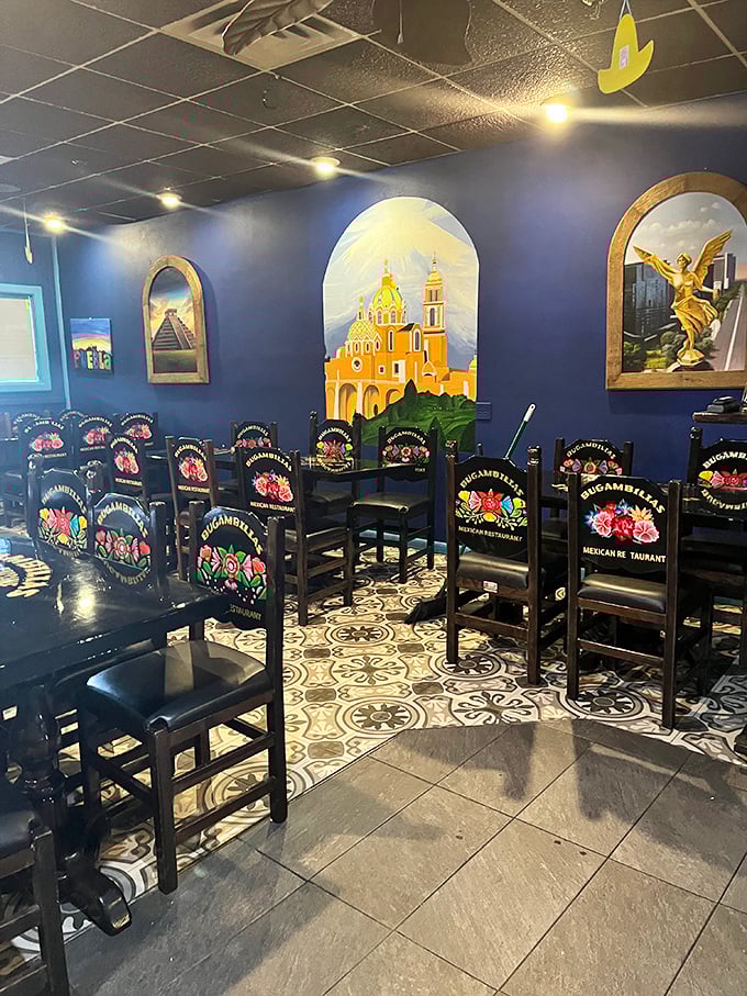 Those hand-painted chairs tell you everything—someone here cares deeply about details, which is exactly who you want making your enchiladas.