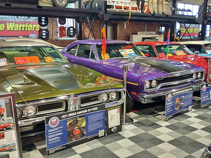 Purple Plymouth perfection sits alongside Dodge dominance, proving the seventies knew how to make cars with serious attitude.