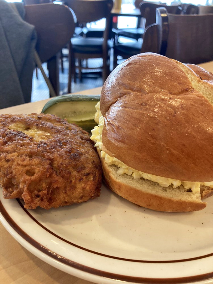 That egg salad sandwich with a potato pancake is what comfort food dreams are made of&mdash;familiar yet somehow better than you remember.