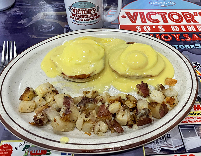 Eggs Benedict: where hollandaise sauce flows like liquid gold over English muffins. Breakfast royalty that makes you want to bow before taking that first heavenly bite.
