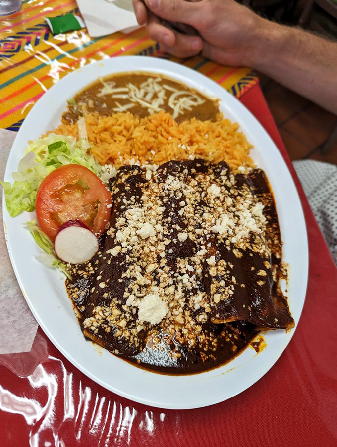 Enchiladas bathed in a sauce so rich it could buy a yacht. That perfect cheese-to-sauce ratio is culinary mathematics at its finest.