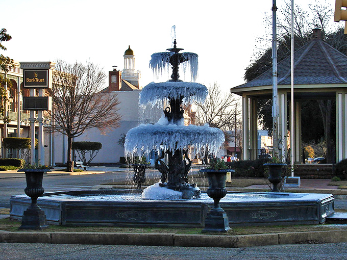 Winter transforms Eufaula's downtown fountain into a frozen sculpture that looks like nature's attempt at avant-garde art. Southern freeze-frames are rare treasures.