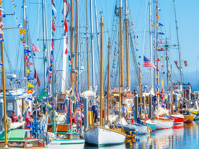 During the Wooden Boat Festival, the harbor becomes a floating museum of nautical craftsmanship, where flags flutter like colorful exclamation points against the blue.