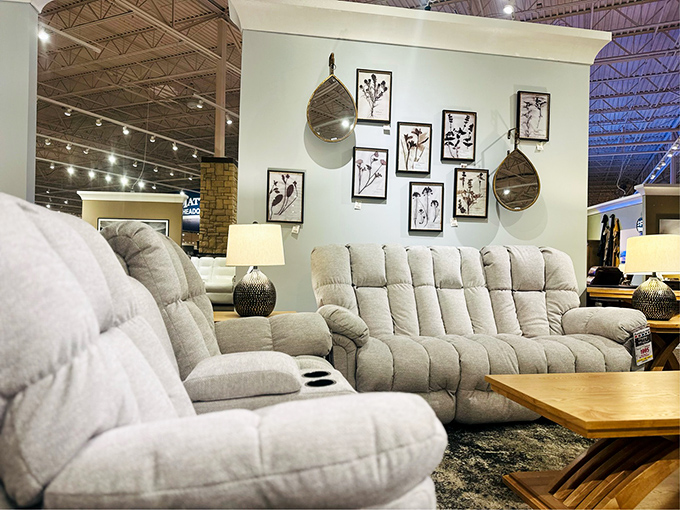 Recliners that cradle you like a cloud, arranged beneath artful wall displays. The perfect marriage of comfort and style.