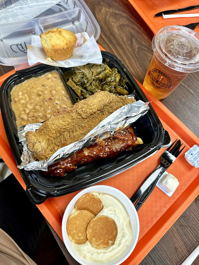 A soul food sampler that hits all the right notes: cornbread that crumbles just right, collards with pot liquor, and crispy fried catfish.