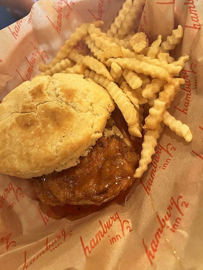 The fried chicken biscuit that makes you want to write thank-you notes to whoever invented both fried chicken AND biscuits.