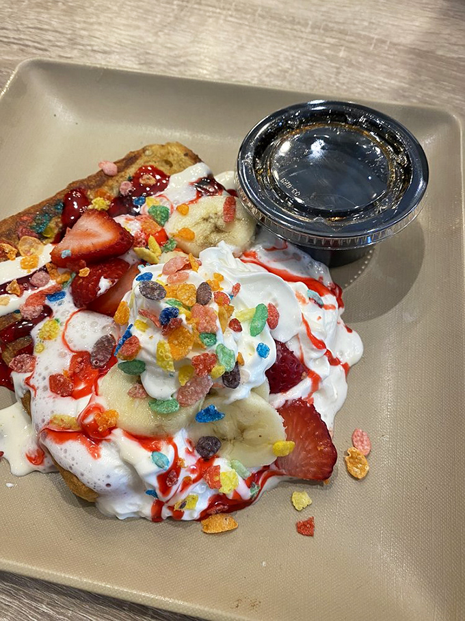 Fruity Pebbles French toast: where childhood cereal dreams and adult breakfast fantasies collide in a spectacular sugar symphony.