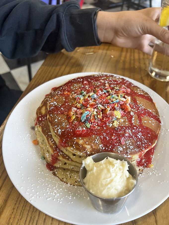 Fruity Pebbles pancakes: where childhood cereal dreams and adult breakfast cravings collide in technicolor deliciousness.