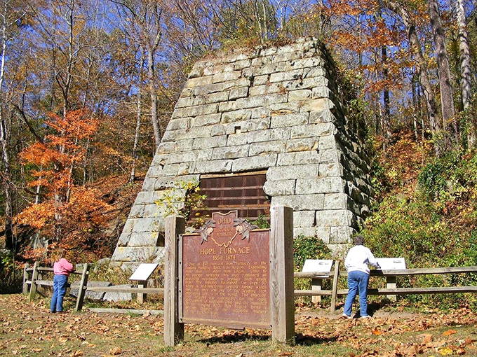 The historic Hope Furnace stands as a stone sentinel to Ohio's industrial past. This 1854 iron-making marvel now hosts only curious visitors and occasional chipmunks.