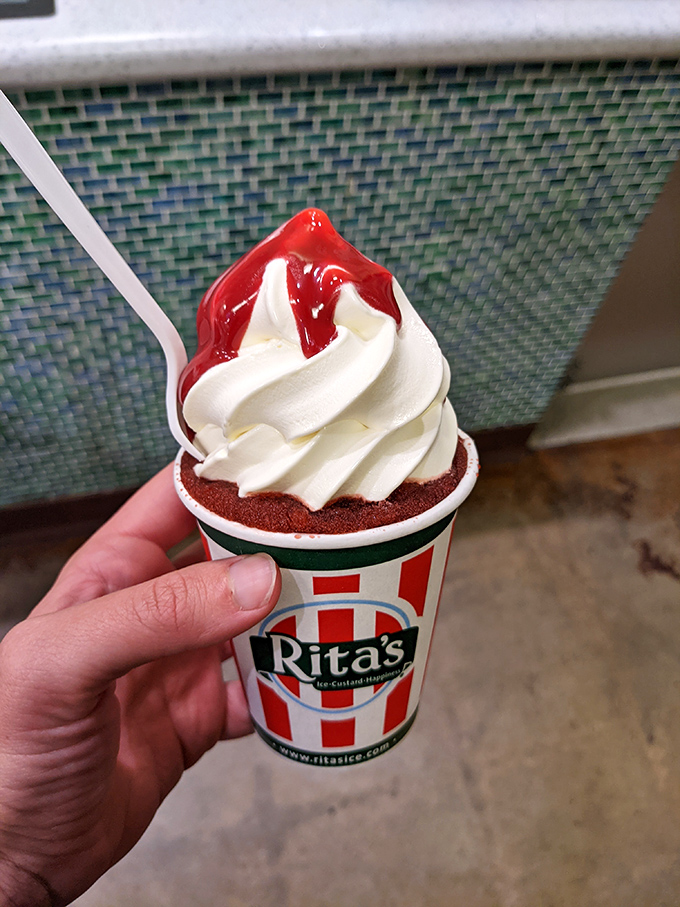 Red Italian ice with a dollop of vanilla custard &ndash; like the dessert version of a sunset over the Pacific.