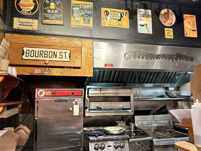 Behind the scenes magic happens here, where "Bourbon St." signage hints at the Southern inspiration behind this Massachusetts marvel.
