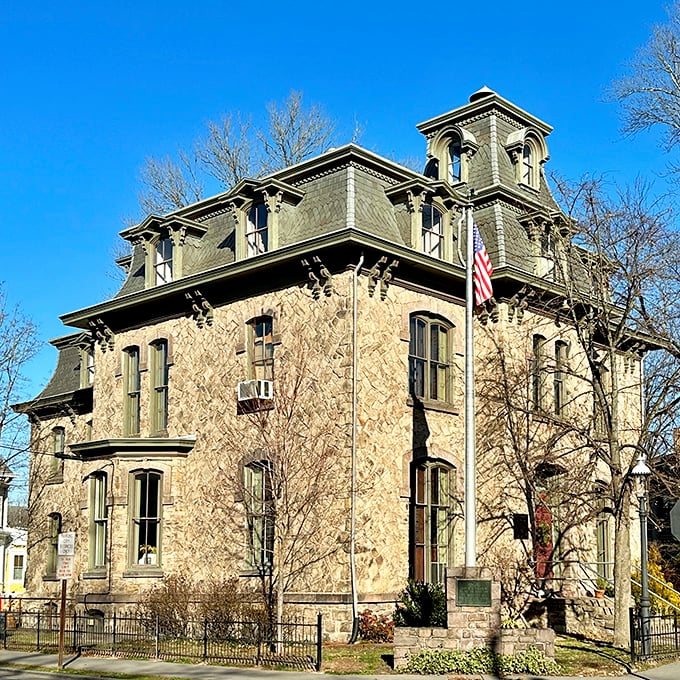 Lambertville's stately city hall stands as an architectural exclamation point, its Second Empire style a testament to the town's Victorian heyday.