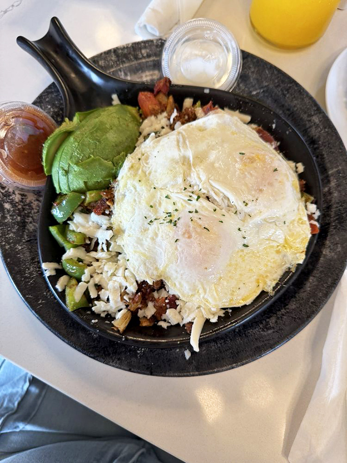 When breakfast takes a trip south of the border &ndash; eggs crown a fiesta of ingredients in this hearty skillet that demands to be devoured.
