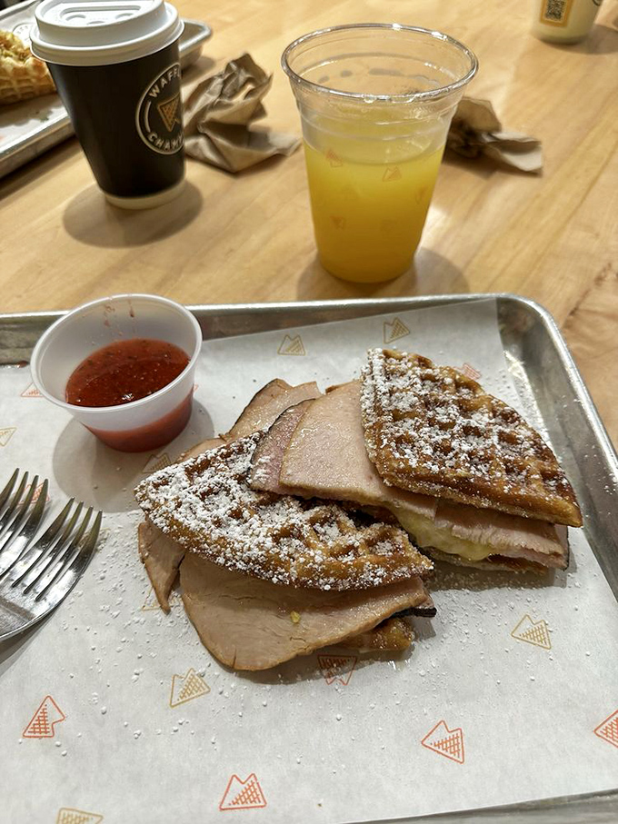 The Monte Cristo: where breakfast and lunch stop fighting and start a beautiful friendship between waffles.