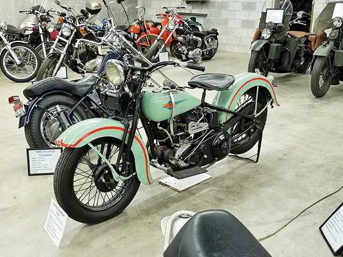 Two-wheeled time travel! This mint-green Harley shows how motorcycles evolved from basic transportation to cultural icons representing freedom and the open road.