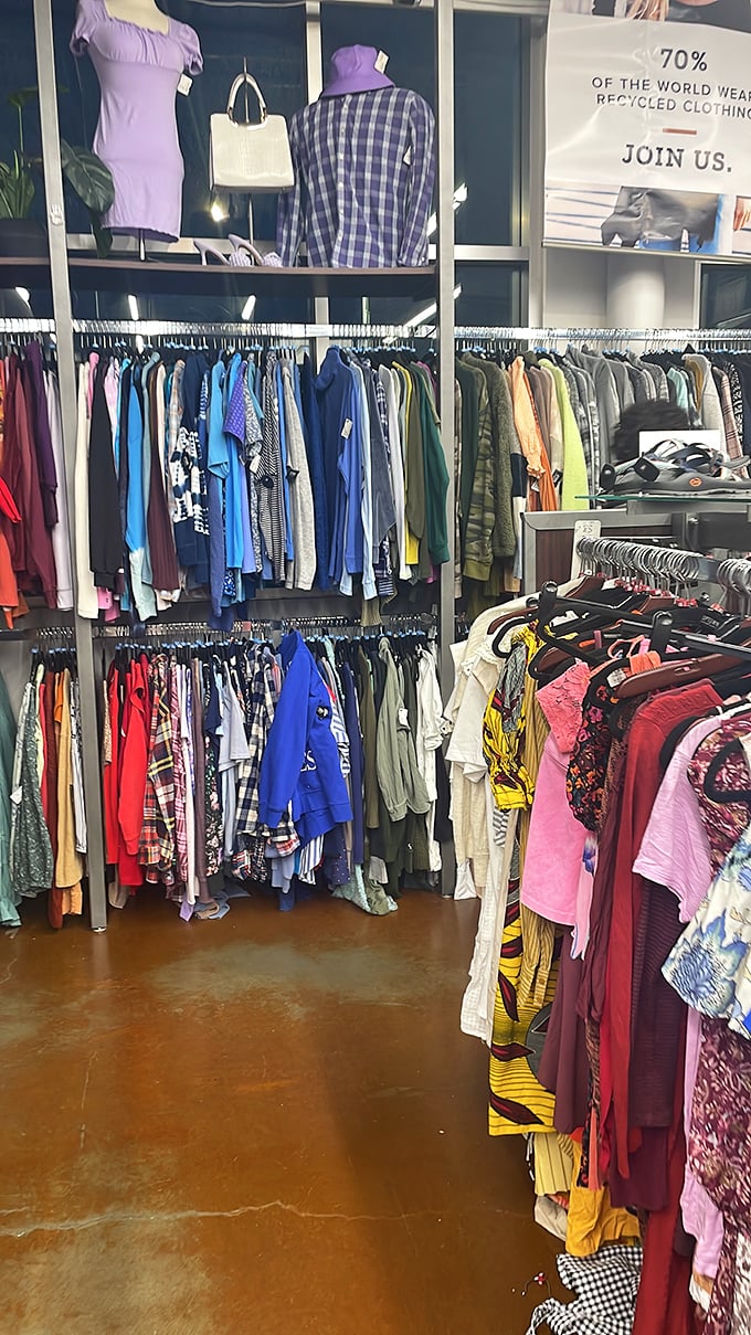 A clever display showcases sustainability with a reminder that recycled clothing deserves a second chance at fashion greatness.