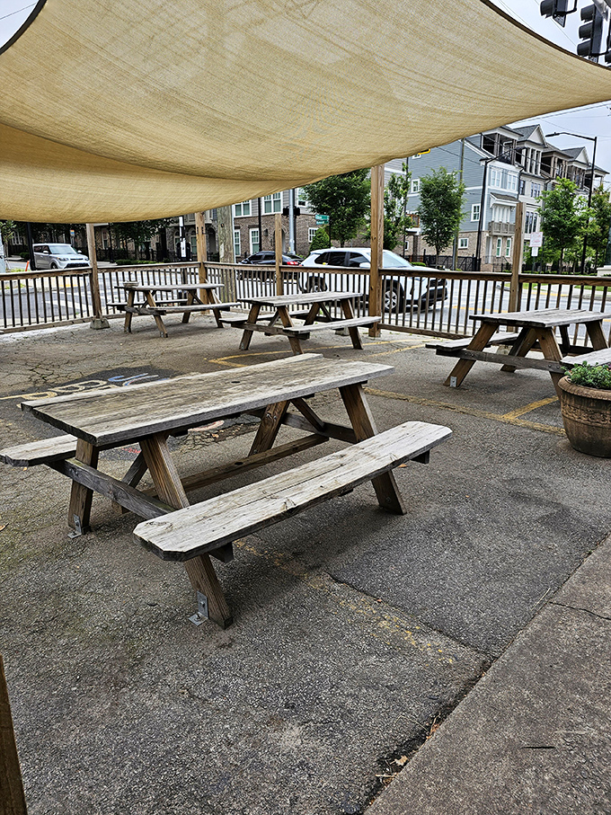 The outdoor seating area&mdash;where picnic tables under shade cloths offer a chance to digest both breakfast and life's big questions.