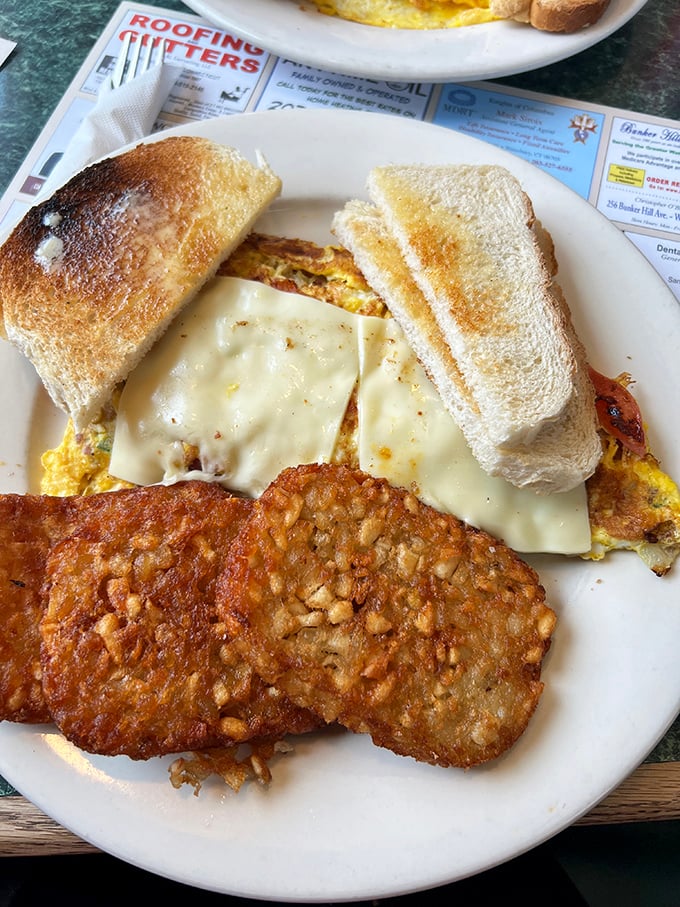Hash browns that look like they've been studying at the Crispy Academy of Potato Arts, alongside an omelet that's pure comfort.