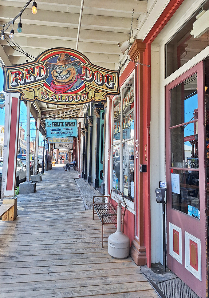 The Red Dog Saloon's colorful sign promises the kind of authentic Western watering hole experience that makes you want to order whiskey neat.
